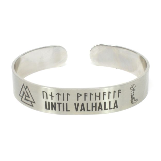 Stainless-Steel Until Valhalla Cuff Bracelet with Black Letters